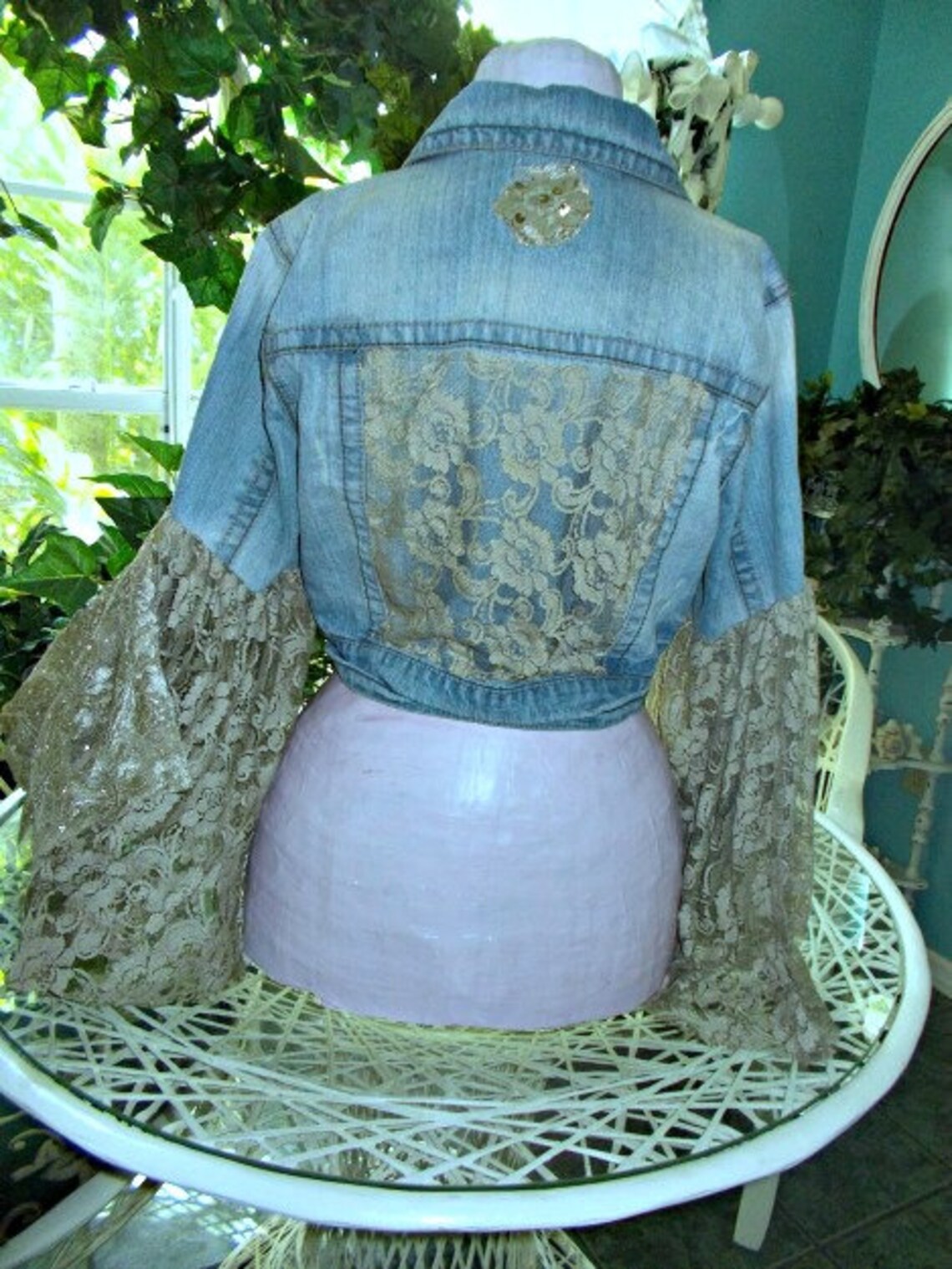 Ruffled French Lace Jean Jacket Taupe Bell Sleeves Rose Appliqués ...
