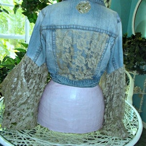 Ruffled French Lace Jean Jacket Taupe Bell Sleeves Rose Appliqués ...