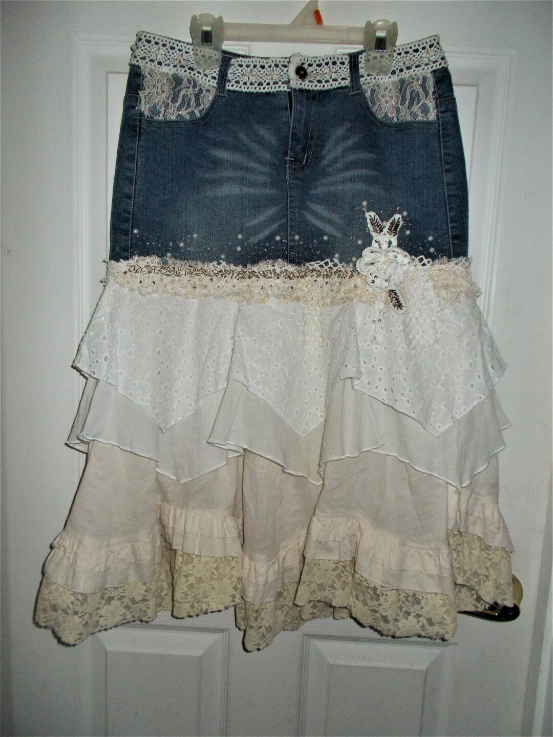 Ruffle Lace Jean Skirt Vintage French White Cream Eyelet Pearl - Etsy