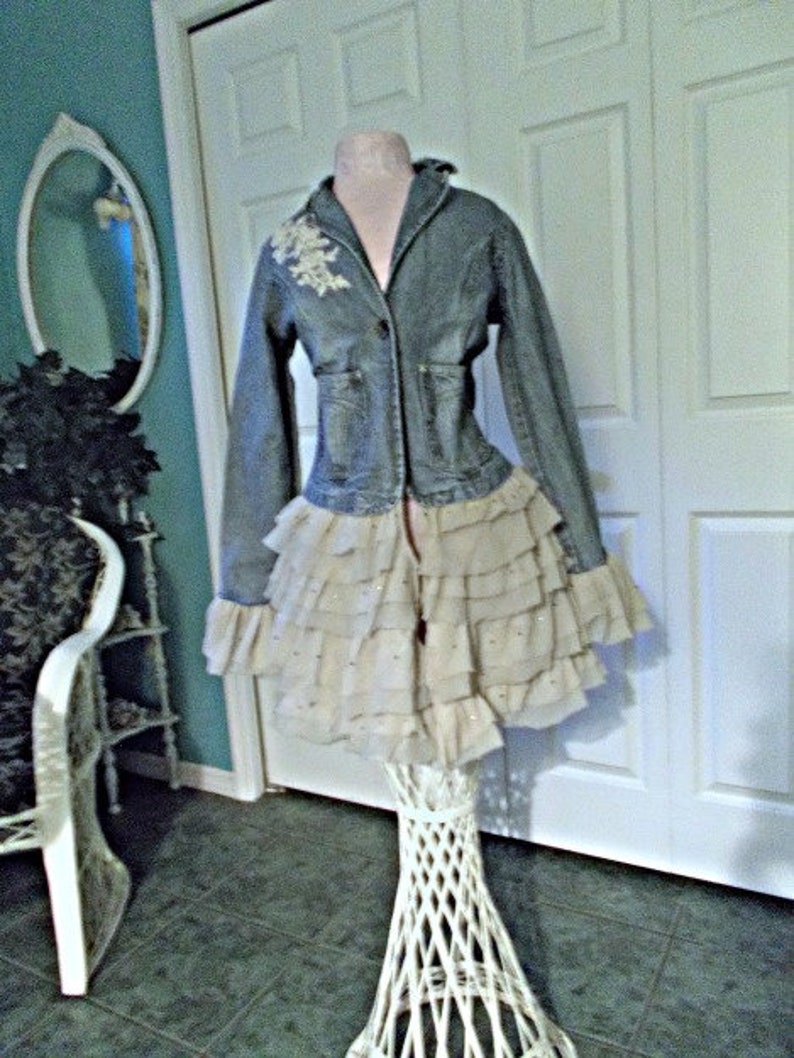 SALE Ruffled Tulle Embellished Denim Jacket Duster Upcycle - Etsy