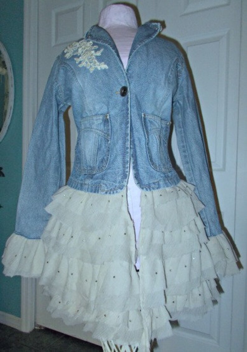 SALE Ruffled Tulle Embellished Denim Jacket Duster Upcycle Ivory ...