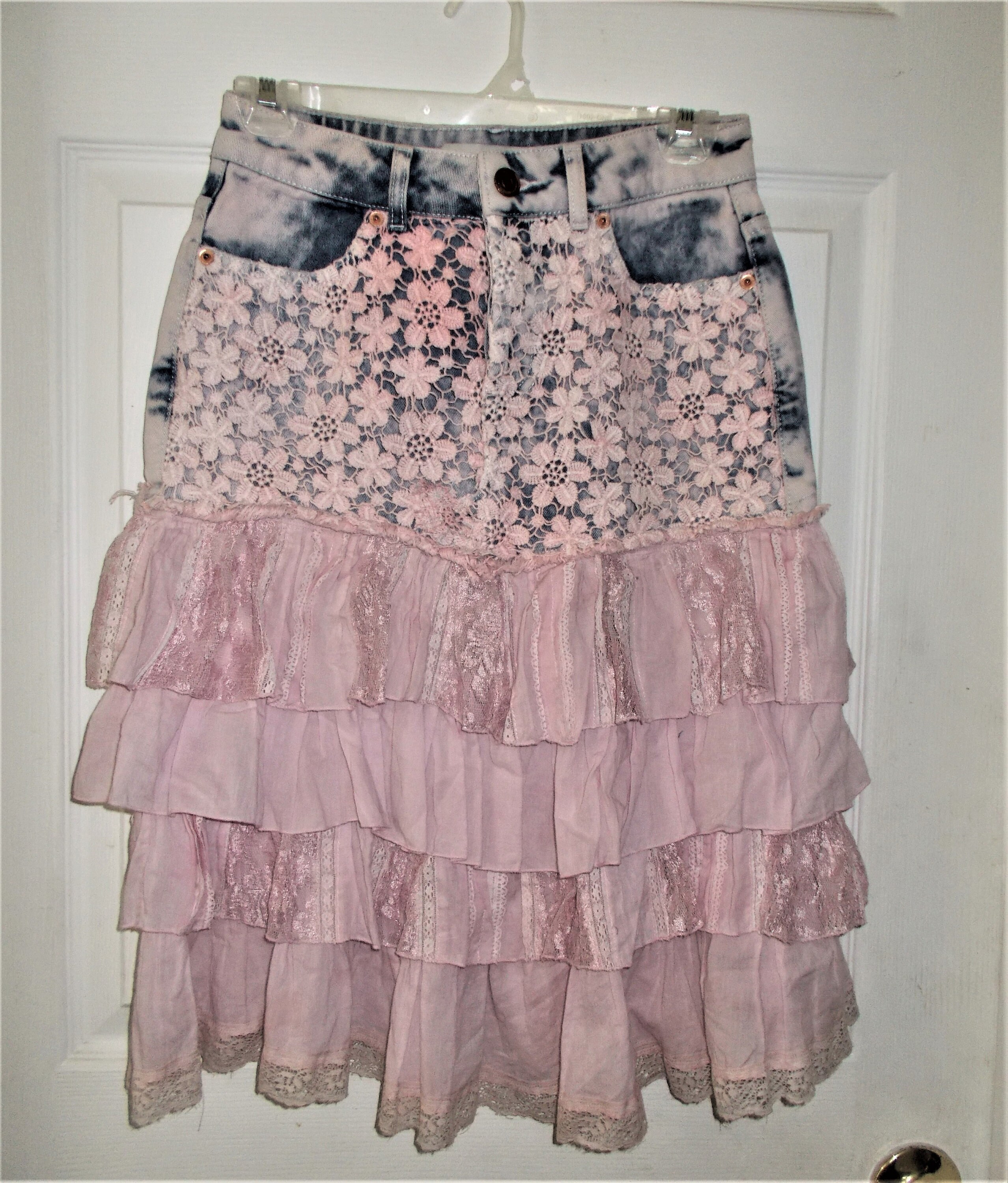 Pink Lace Ruffle Jean Skirt Rose Floral Embroidered Upcycled - Etsy