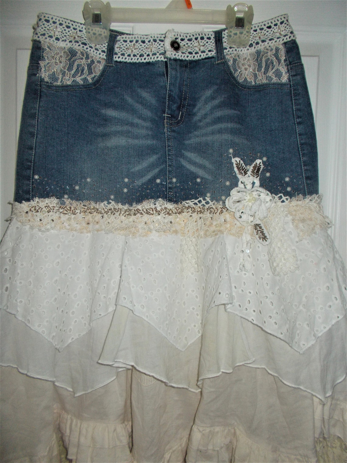 Ruffle Lace Jean Skirt Vintage French White Cream Eyelet Pearl | Etsy