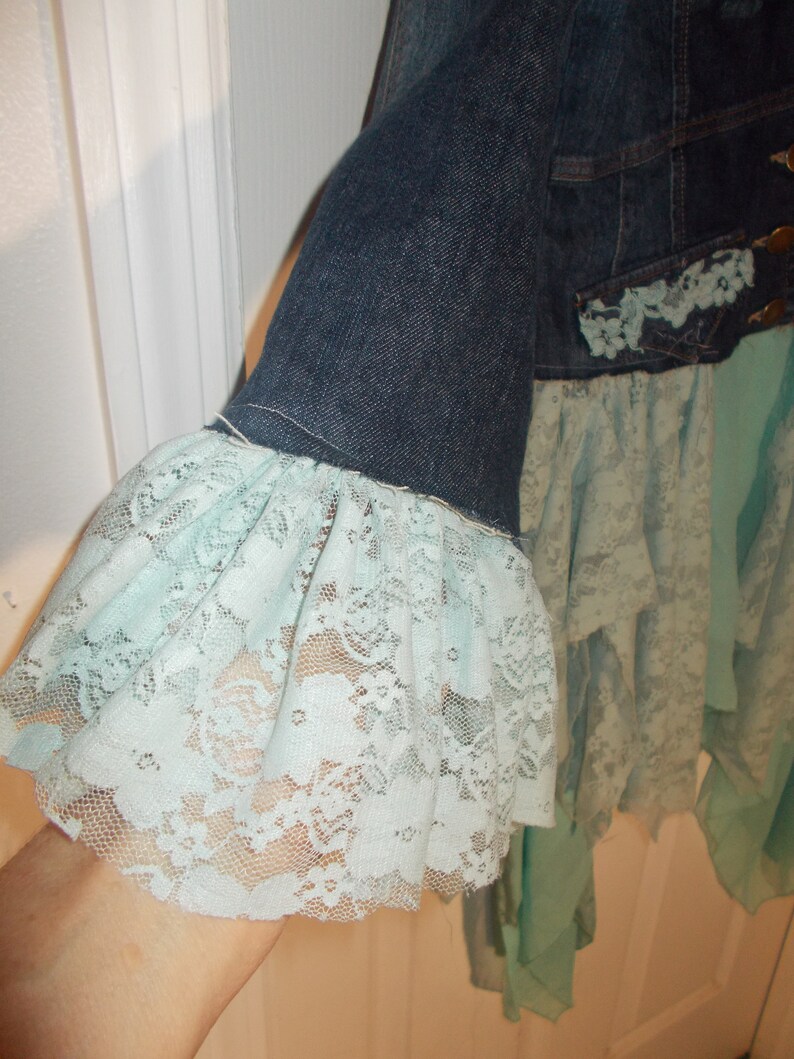 Ruffle lace embellished denim jacket duster aqua mint green | Etsy