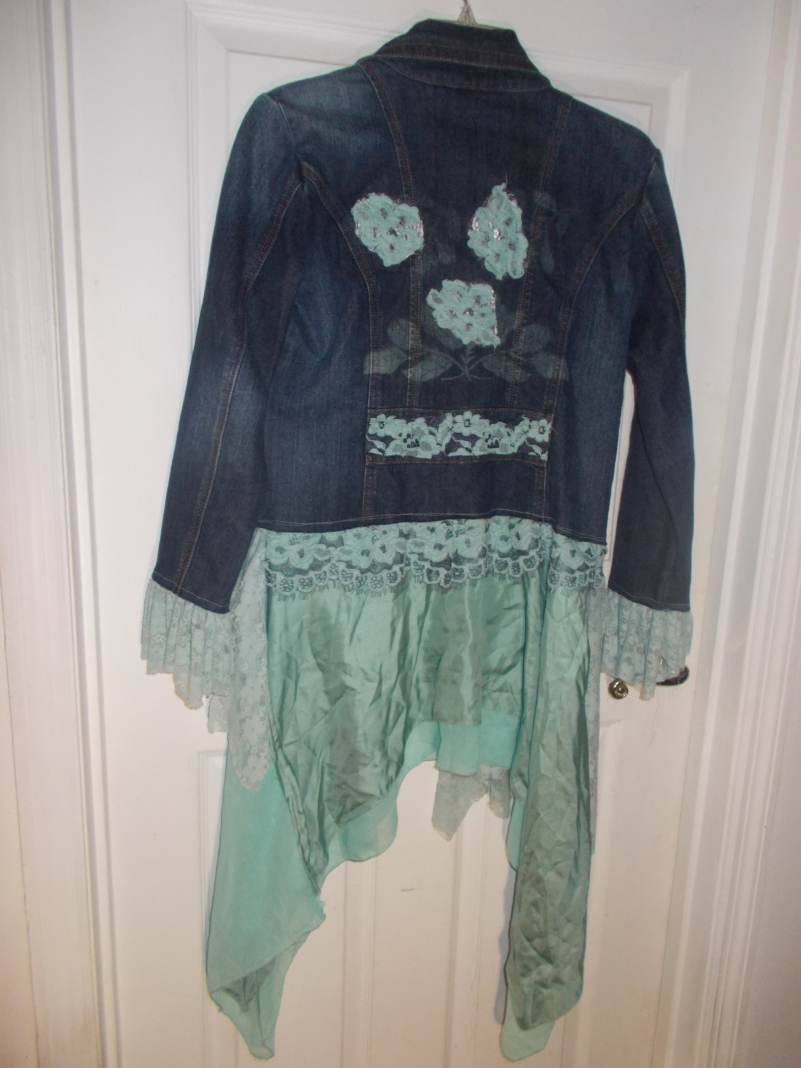 Ruffle lace embellished denim jacket duster aqua mint green | Etsy