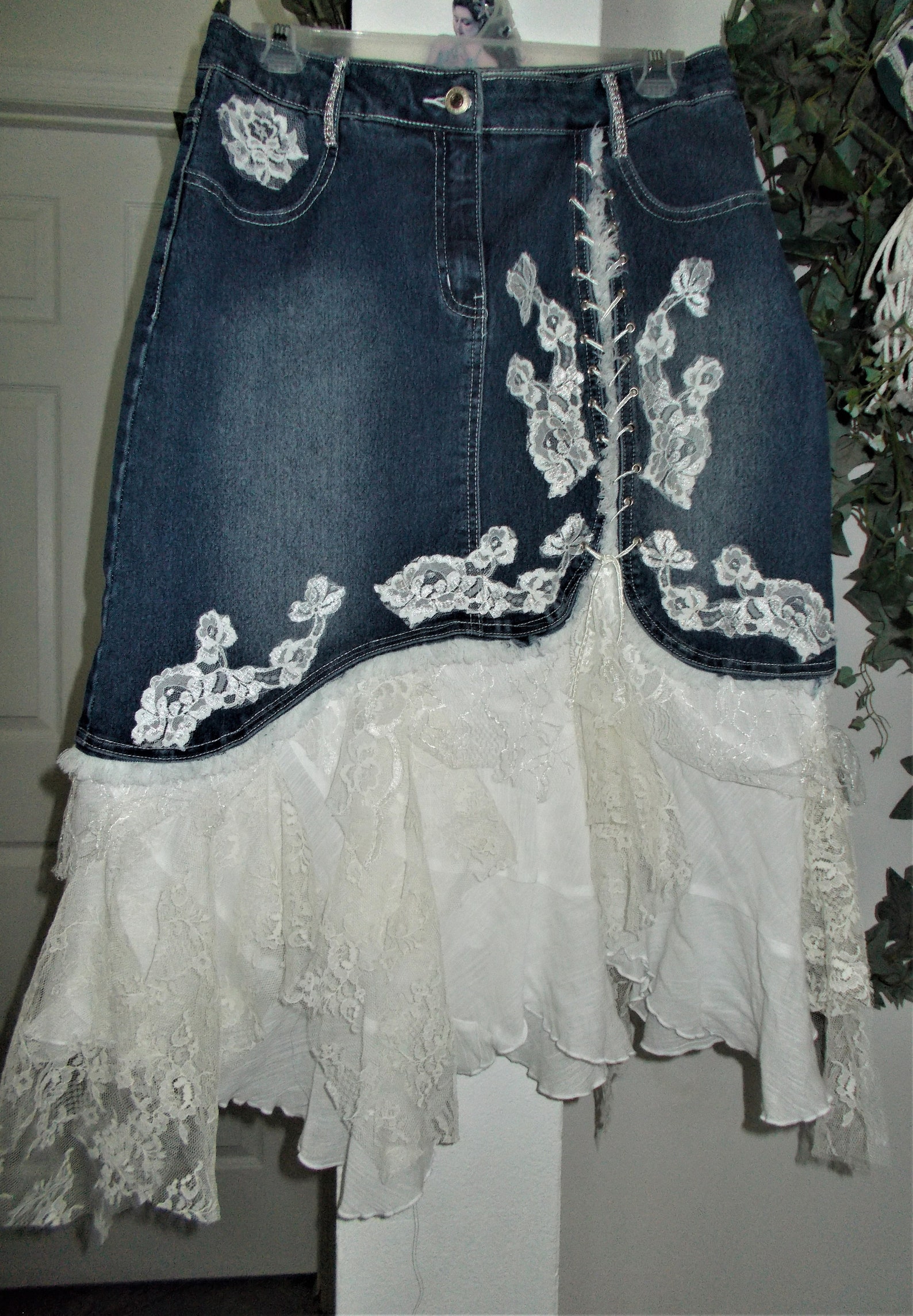Ruffle Lace Jean Skirt Vintage French White Ivory Rose Appliqué Stretch ...