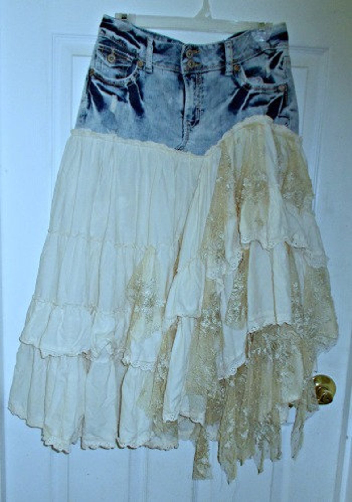 Cream Ruffle Jean Skirt Antique French Beige Lace Boho - Etsy
