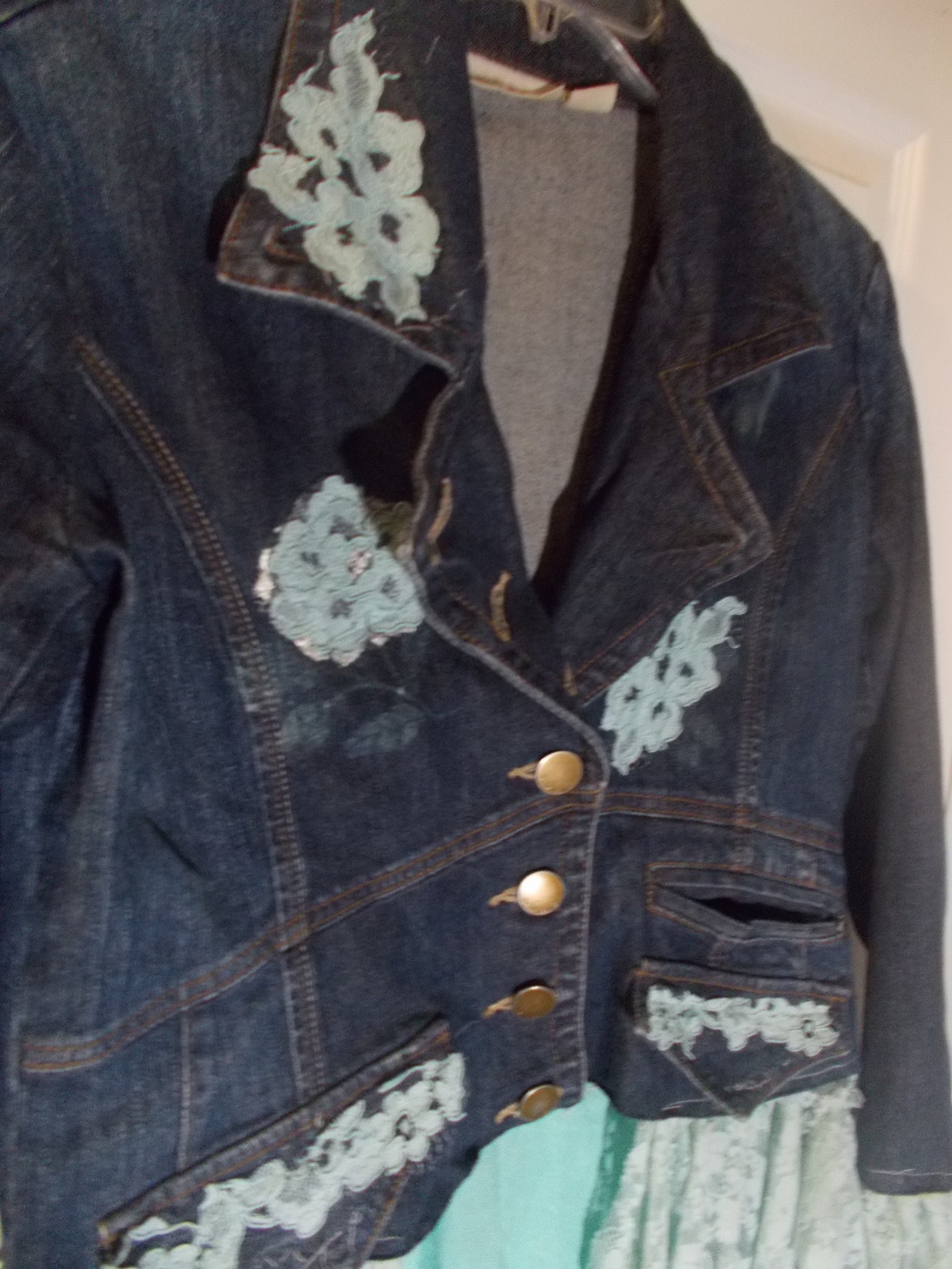 Ruffle lace embellished denim jacket duster aqua mint green | Etsy
