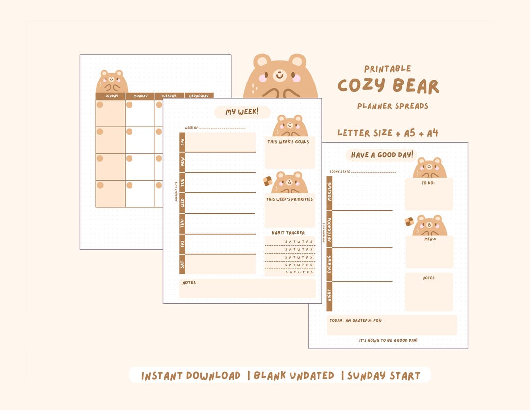 Cozy Bear | Printable Undated Planner Kit | Instant Download | Daily ...