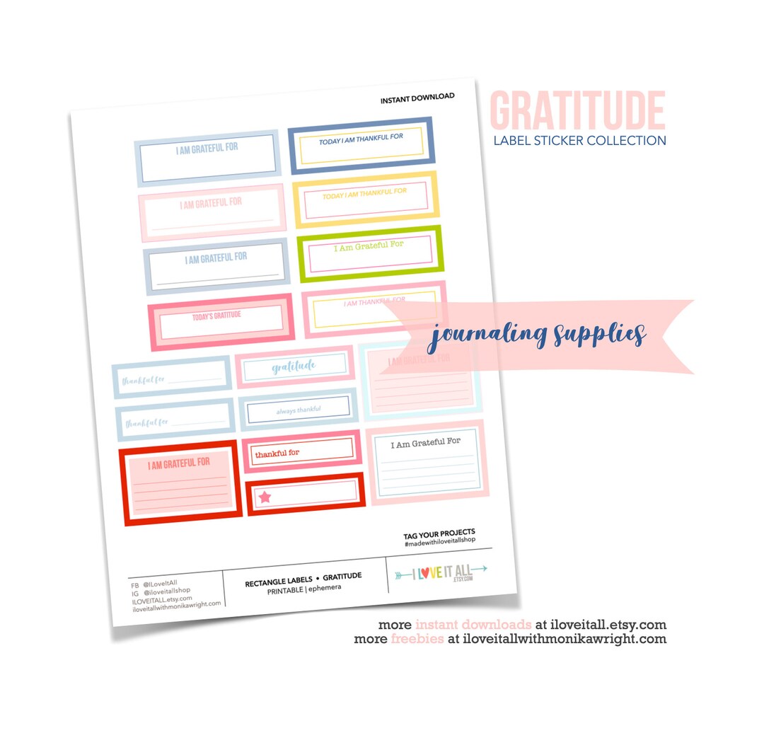 Printable Sticker Label Gratitude Journal Supply I Am Thankful Grateful ...