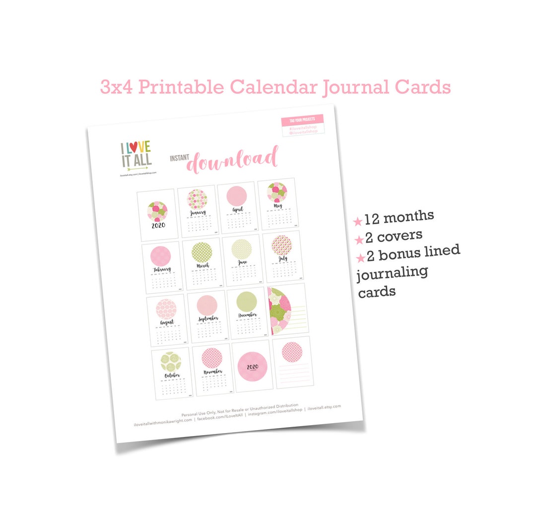 3x4 Month Cards, Printable Monthly Calendar, 2020, Pink Floral, Instant ...