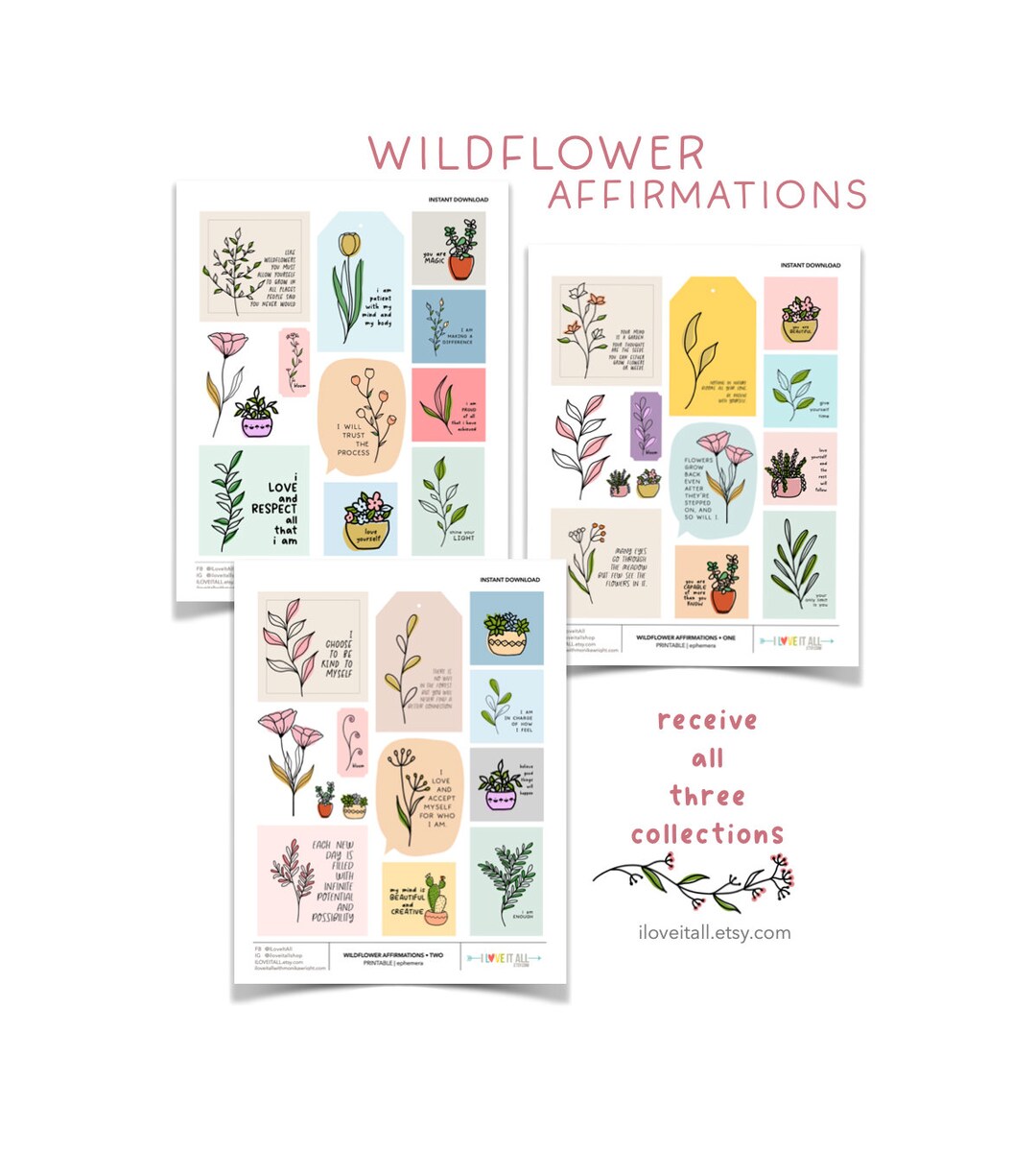 Wildflower Affirmation Cards: Botanical Self-love Quotes, 3 Page Set ...