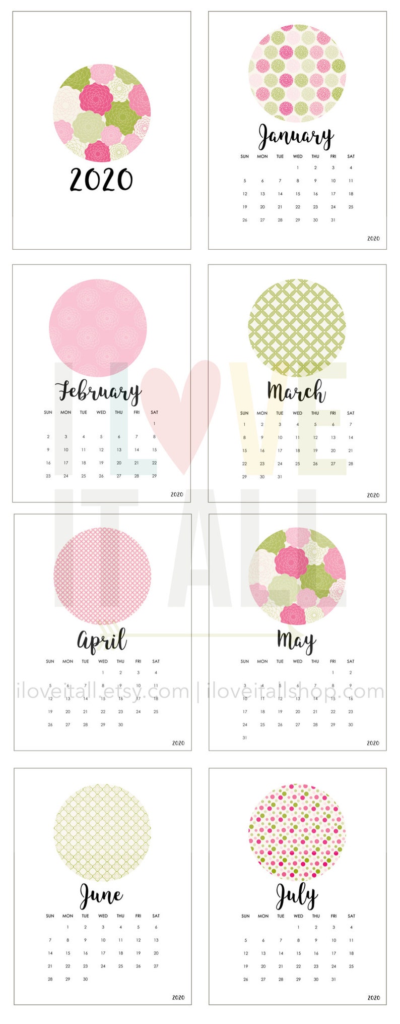 3x4 Month Cards Printable Monthly Calendar 2020 Pink - Etsy