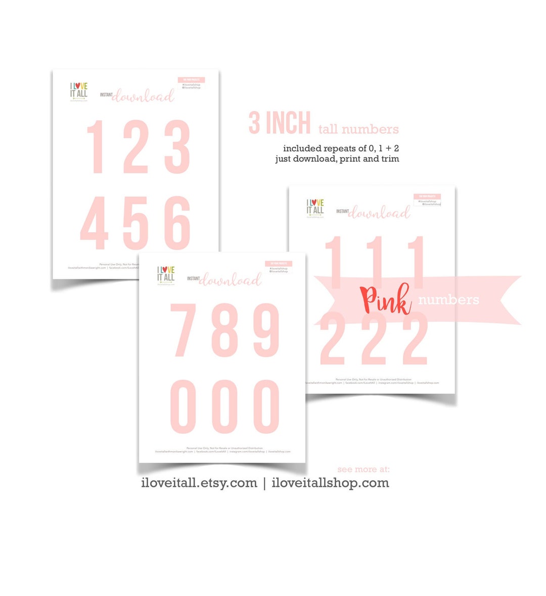 3" Pink Numbers Printable Cut Apart Numeral Paper Ephemera Download ...