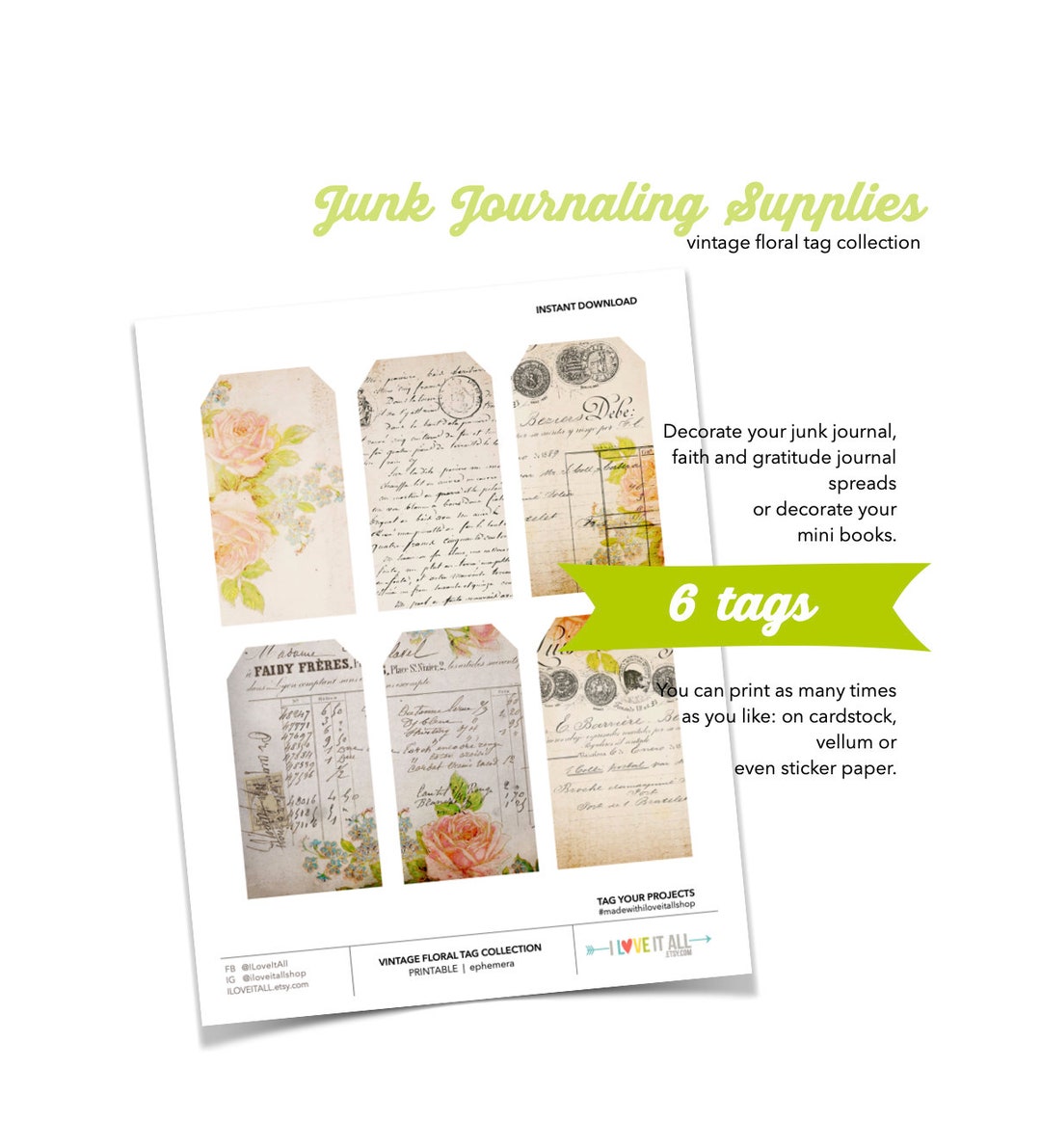 Vintage Floral Junk Journal Tags: Printable Ephemera (digital Download ...