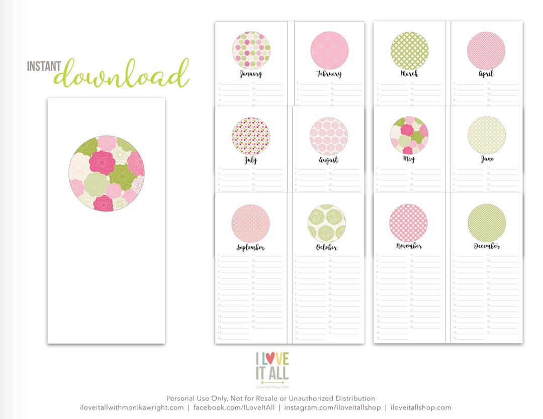 Perpetual Calendar Printable, Birthday Calendar, Preppy Pink and Green ...