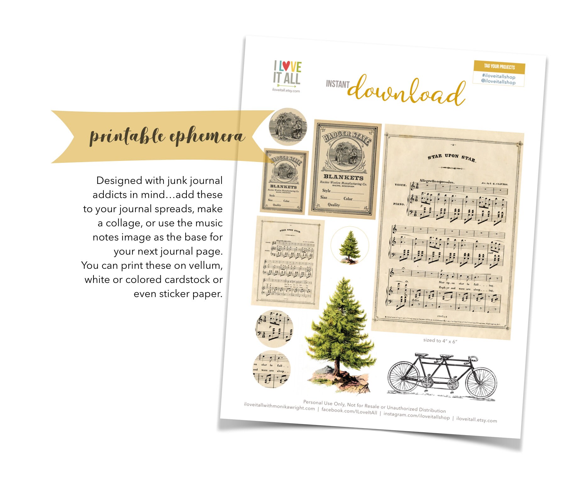 Music Note Ephemera Pine Tree Collage Art Vintage Bicycle | Etsy