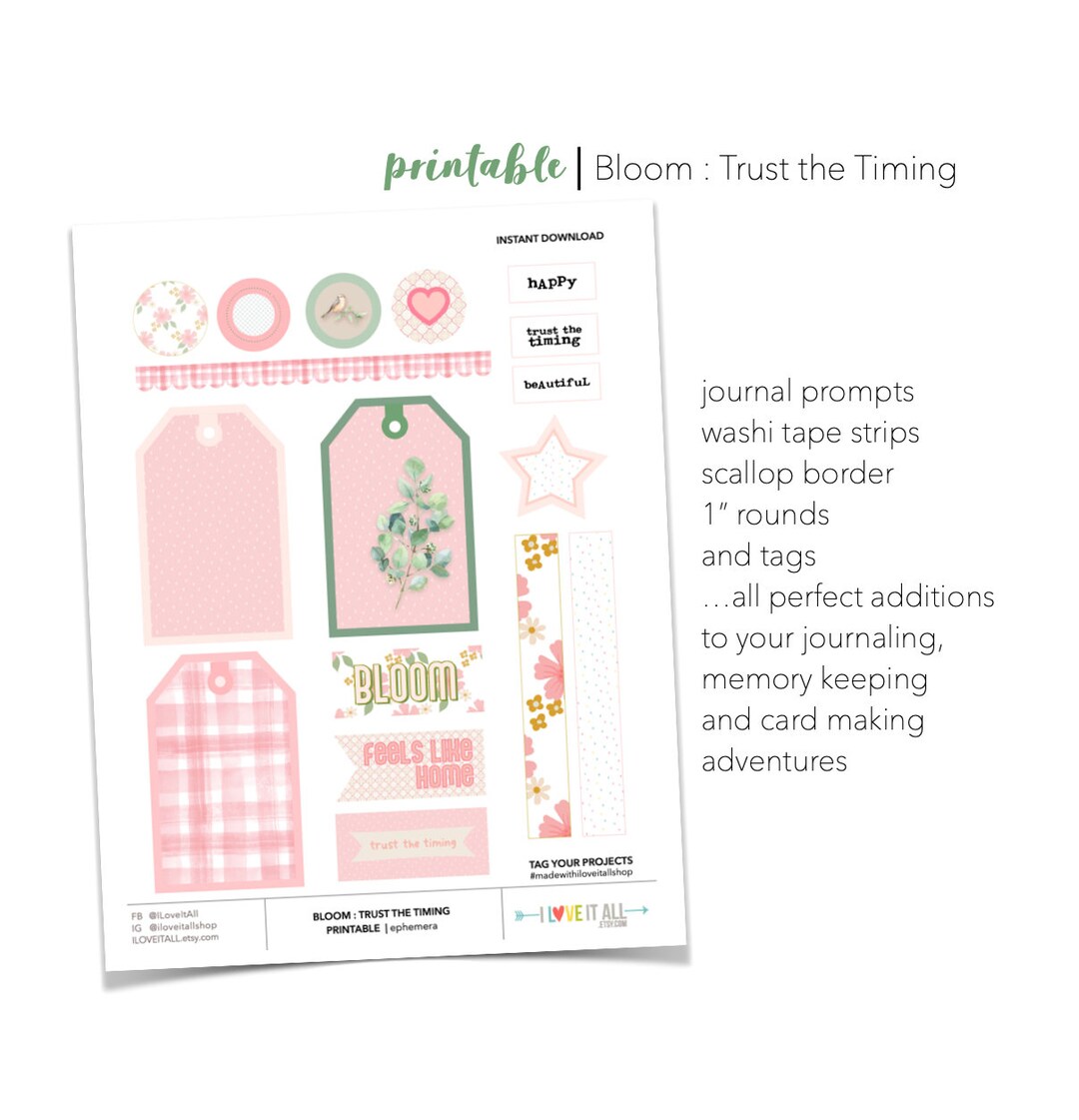 Pink Gingham Printable Tags: Floral Journal Ephemera (digital Download ...