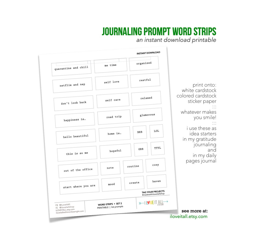 Journal Prompt Word Strips: Printable Scrapbooking Ephemera (digital ...