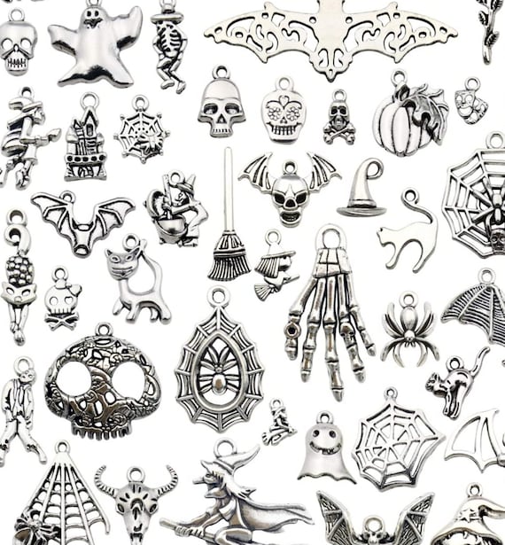 Halloween Charms 10 Assorted Antiqued Silver Mixed Spooky Random Pendants Findings Set Bulk Lot