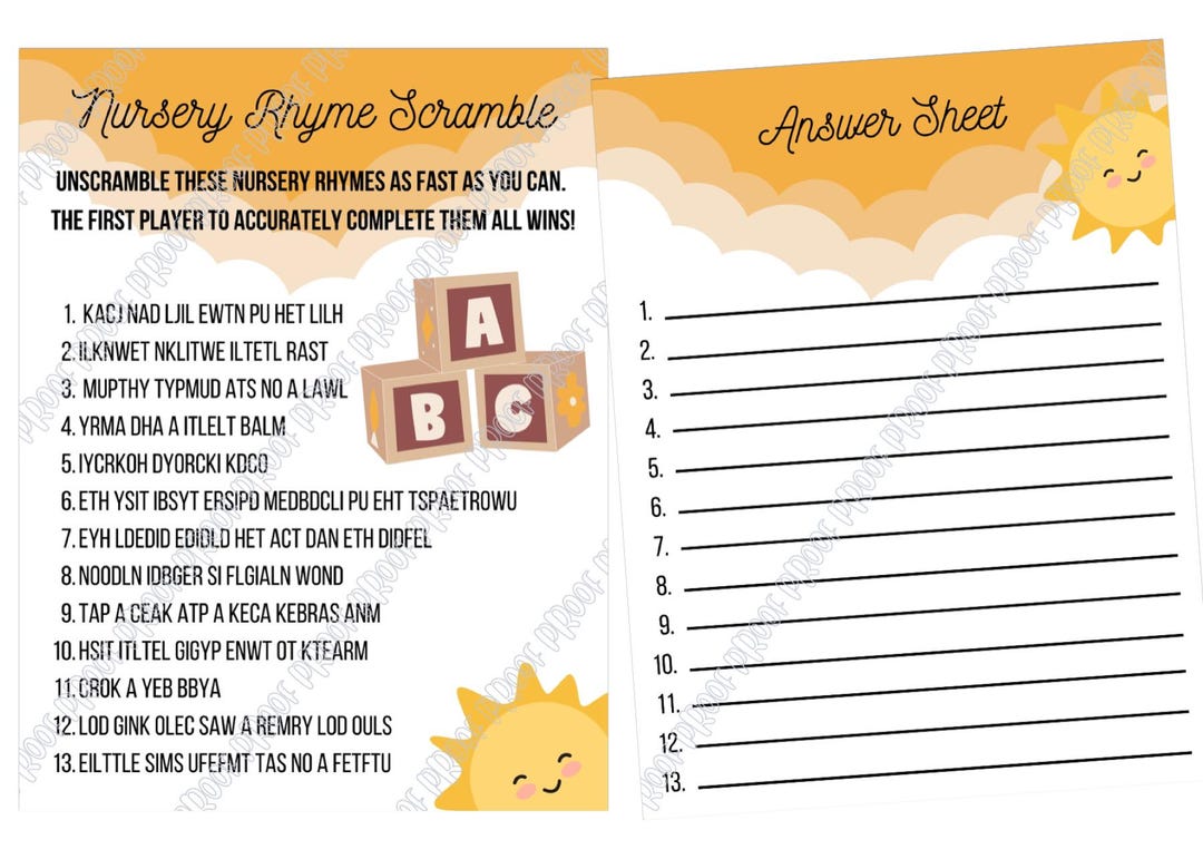 Instant Download Nursery Rhyme Scramble Game - Baby Shower Nursery ...
