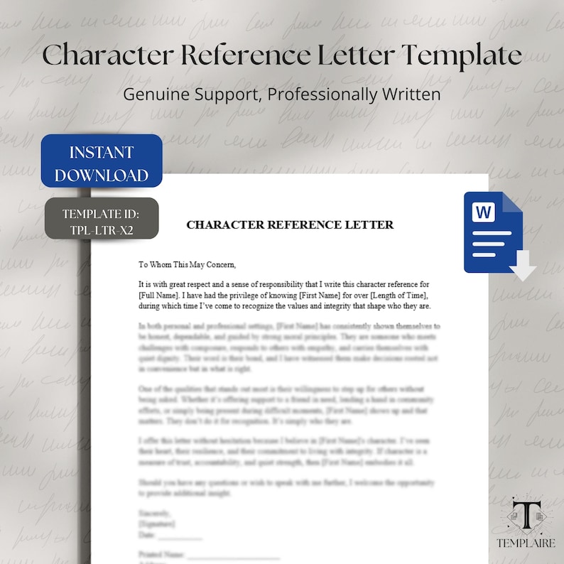 Character Reference Letter Template, Editable Word Doc, Printable ...