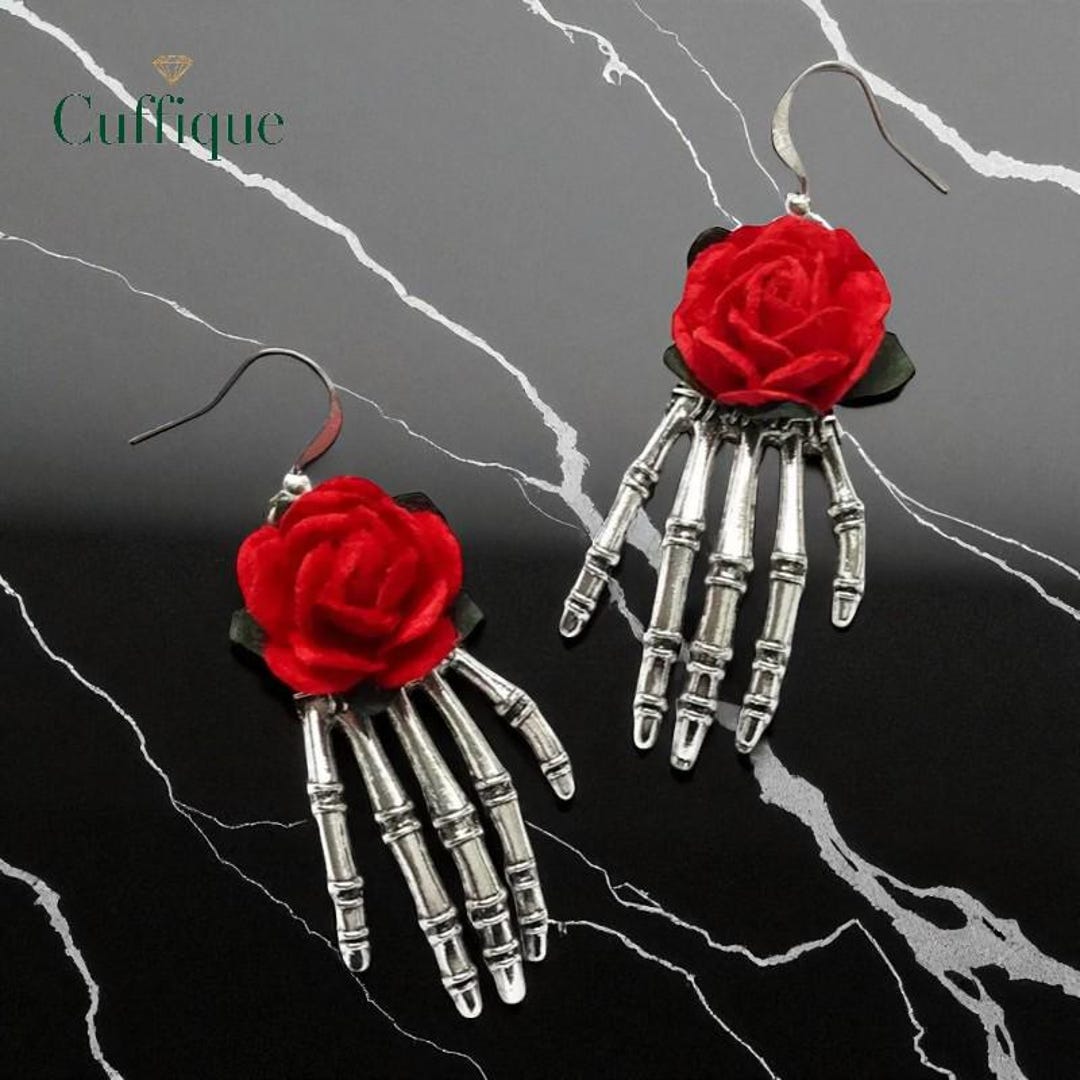 Gothic Red Rose Skull Hand Earrings – Silver Plated Alloy - Etsy