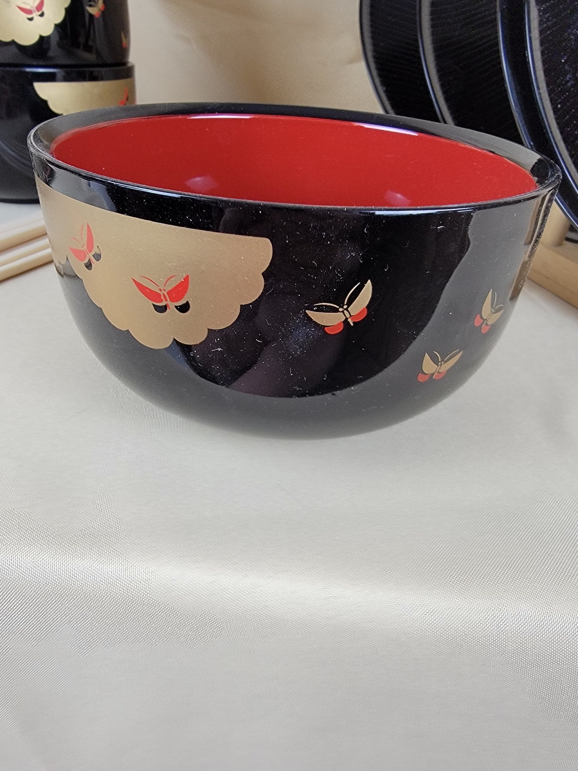 Japanese Lacquerware Bowls, Plates, and Chopsticks, Set for 5. Clouds ...