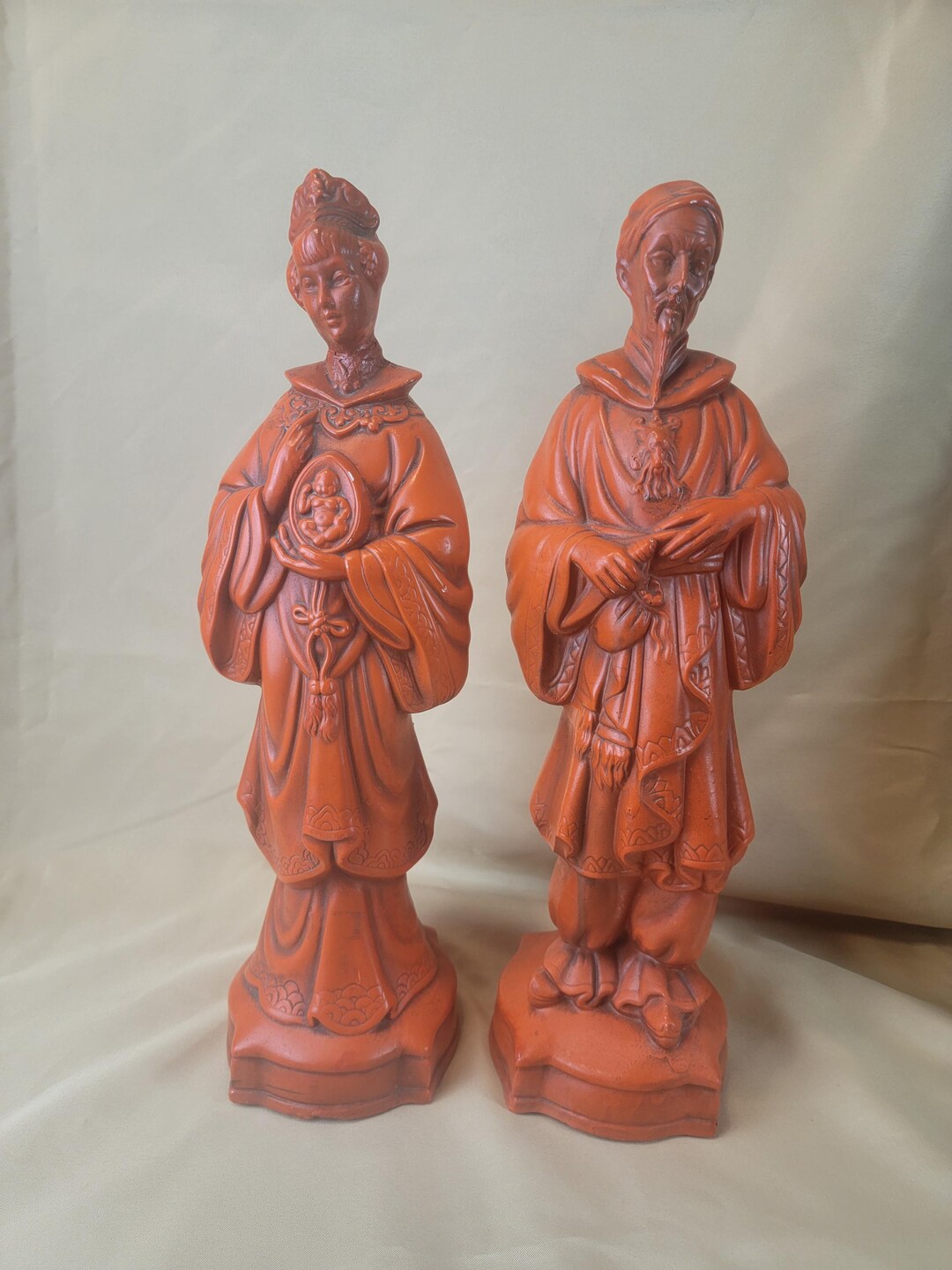 Chinese Chalk Ware Statues of Emperor and Empress Made of Coral Red ...
