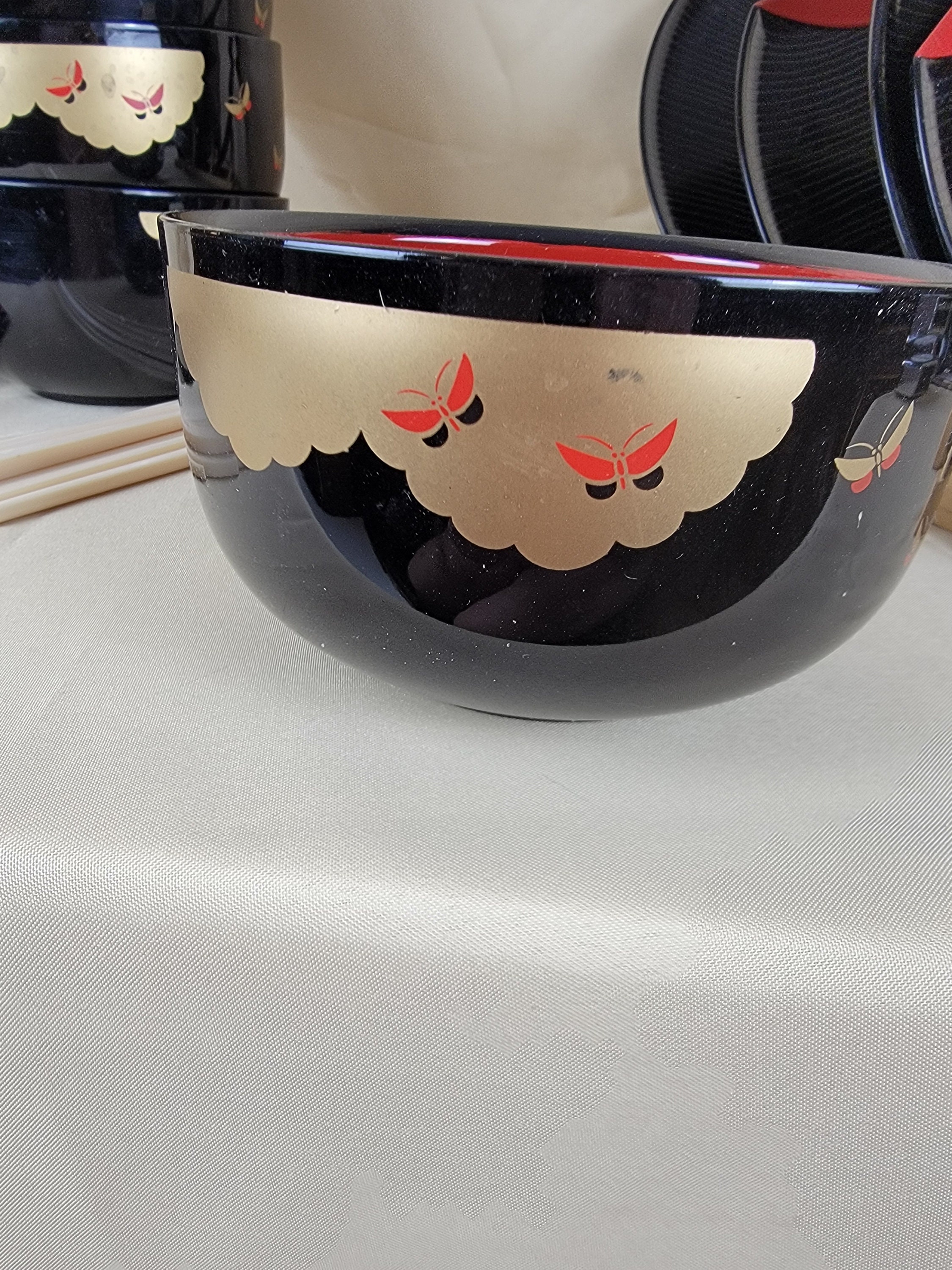 Japanese Lacquerware Bowls, Plates, and Chopsticks, Set for 5. Clouds ...