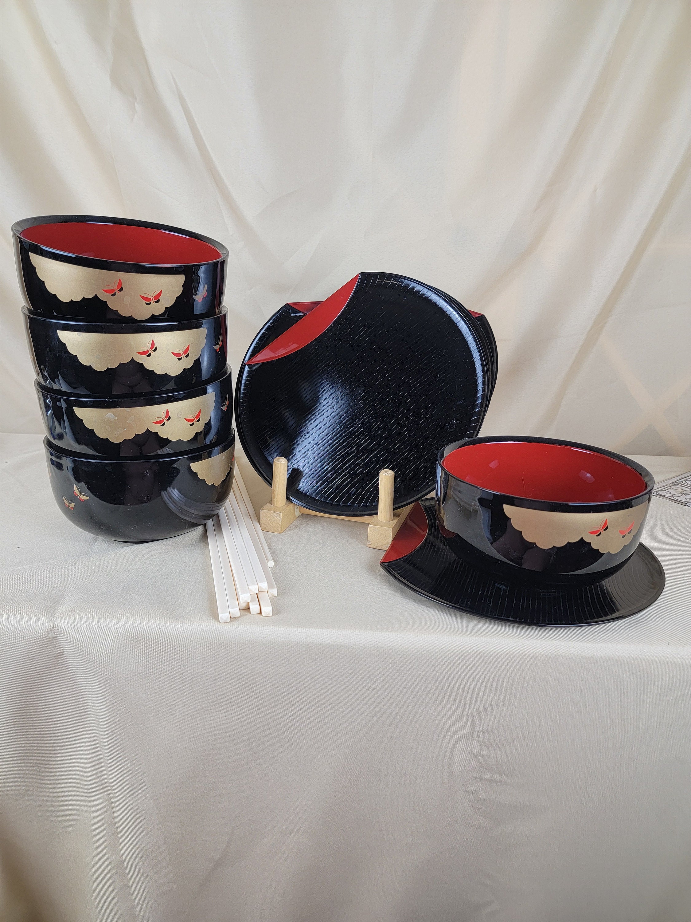Japanese Lacquerware Bowls, Plates, and Chopsticks, Set for 5. Clouds ...