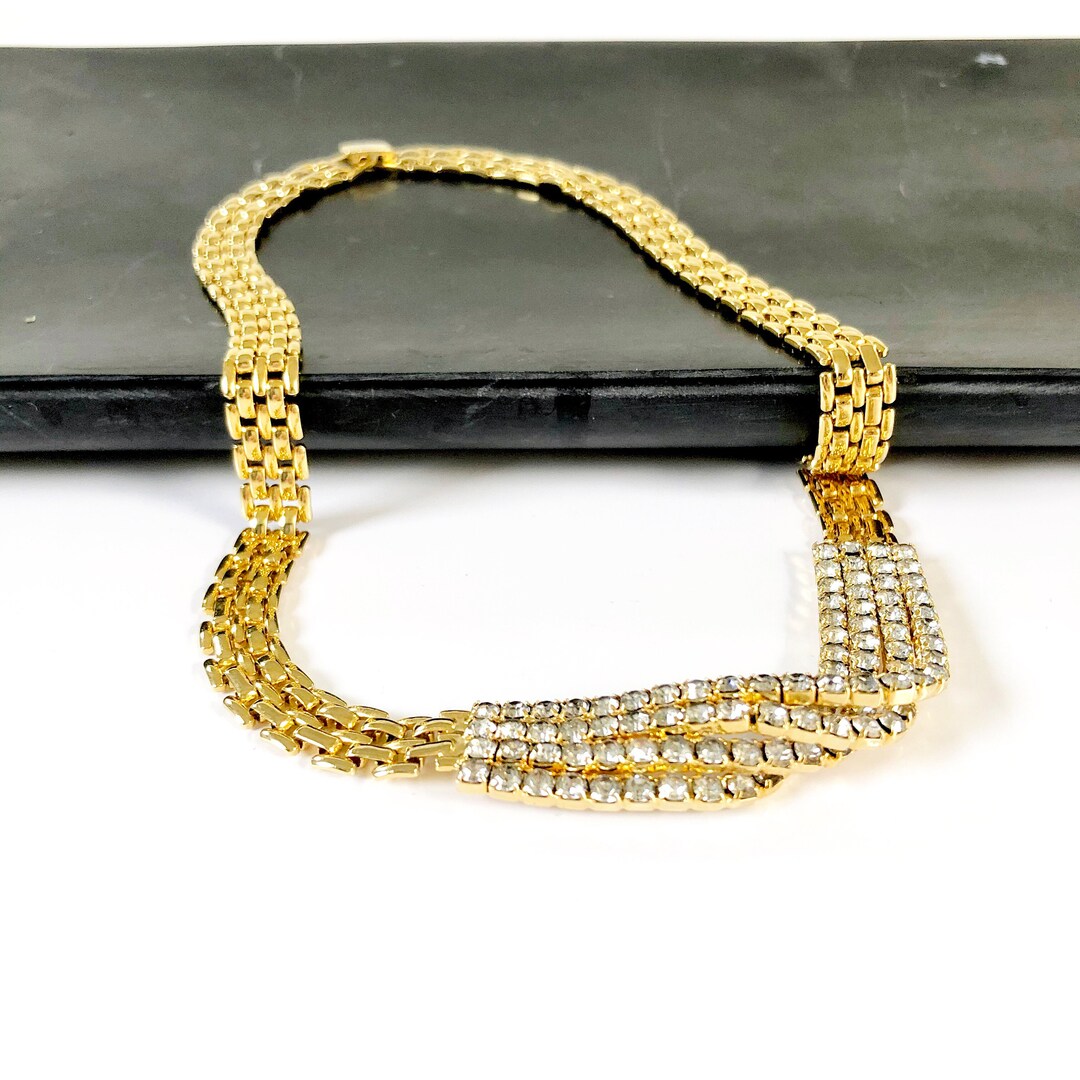 Vintage 90s Gold Tone Chunky Chain Link Rhinestone Twist Necklace - Etsy