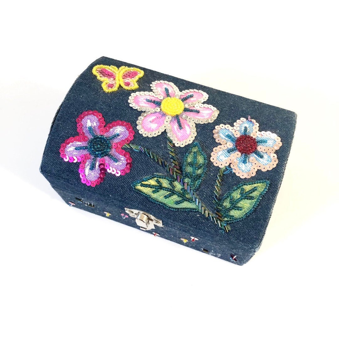Vintage 90s Beaded and Sequin Floral Sparkly Denim Jewelry Box - Etsy