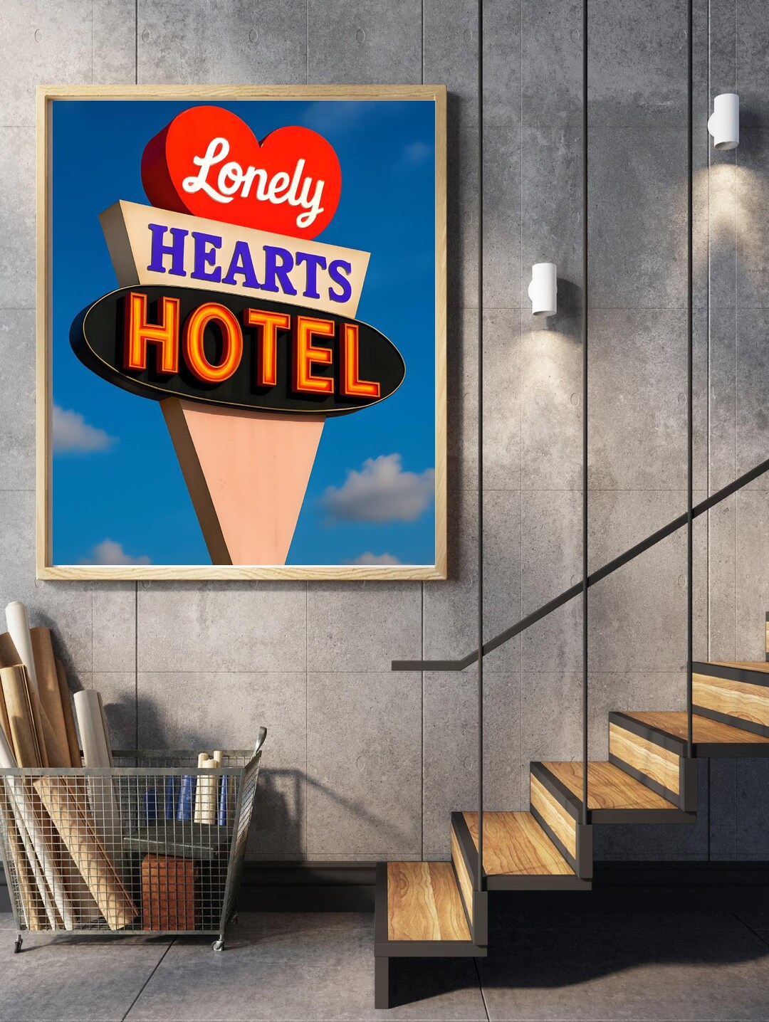 Retro Lonely Hearts Hotel Sign Art Print – Vintage Neon Motel Decor ...