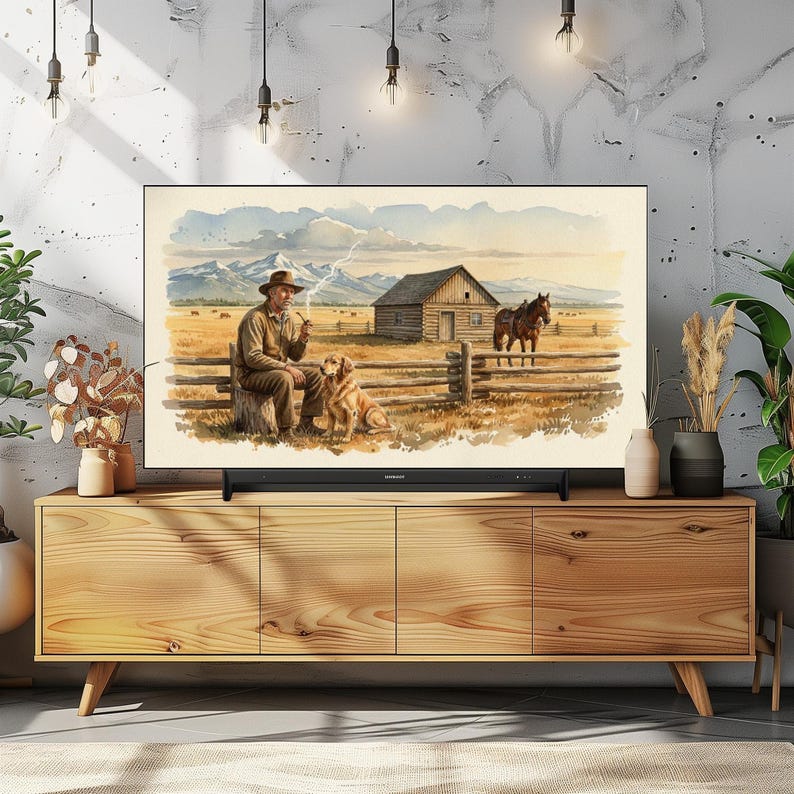 Rustic Cowboy Cabin Scene TV Frame Art, Western Digital Landscape With ...