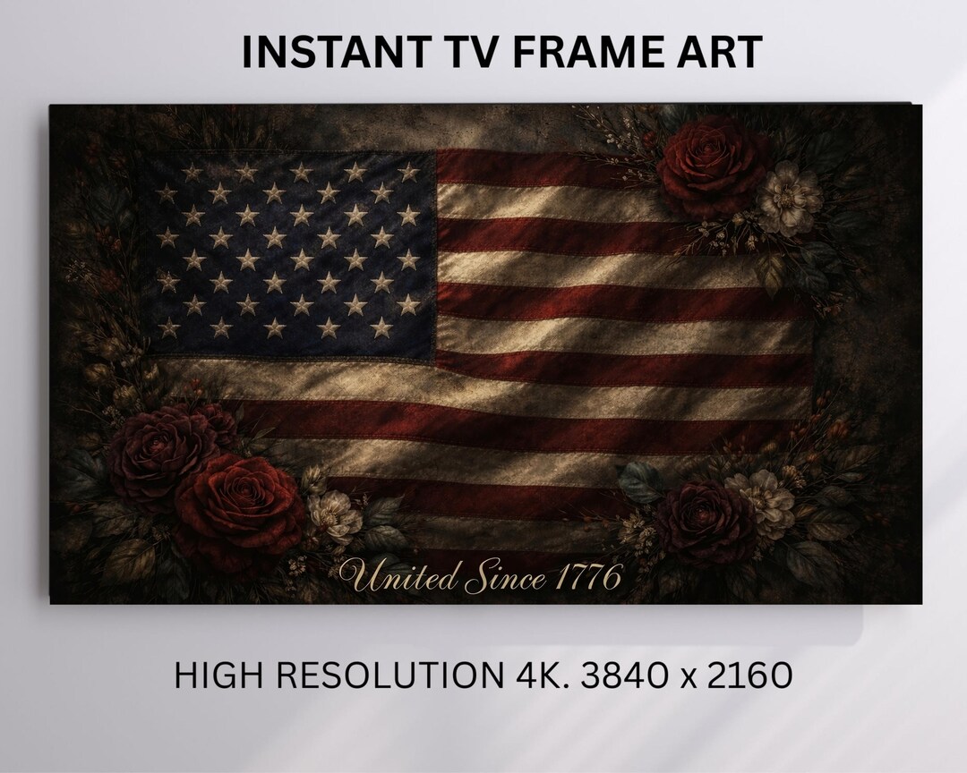 American Flag Floral TV Frame Art, United Since 1776 Patriotic Wall Art ...