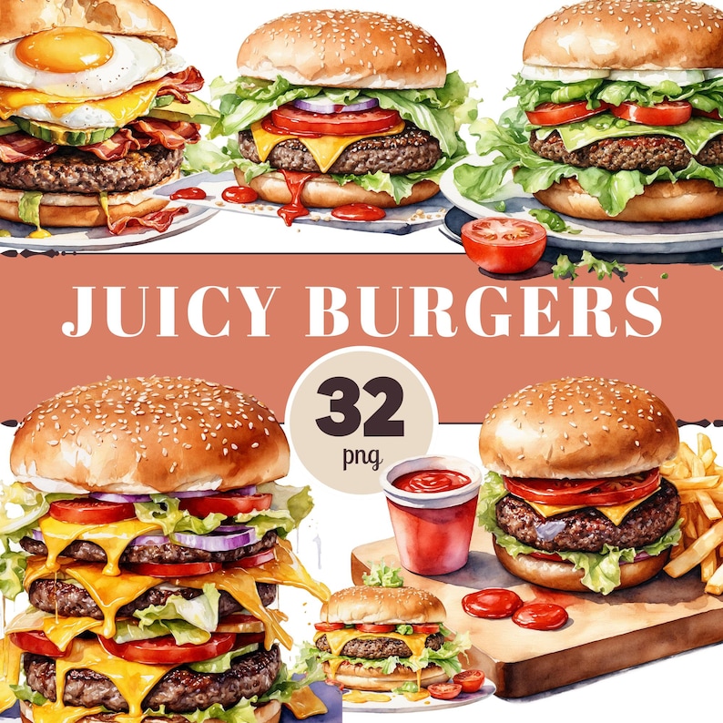 Burger PNG Bundle – Watercolor Cheeseburger Clipart for Menus, Stickers ...