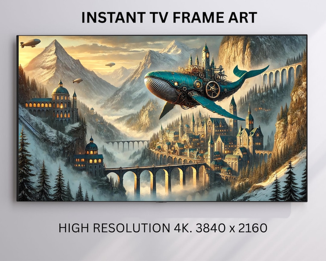 Mechanical Whale Over Mountain City TV Frame Art, Steampunk Alpine ...