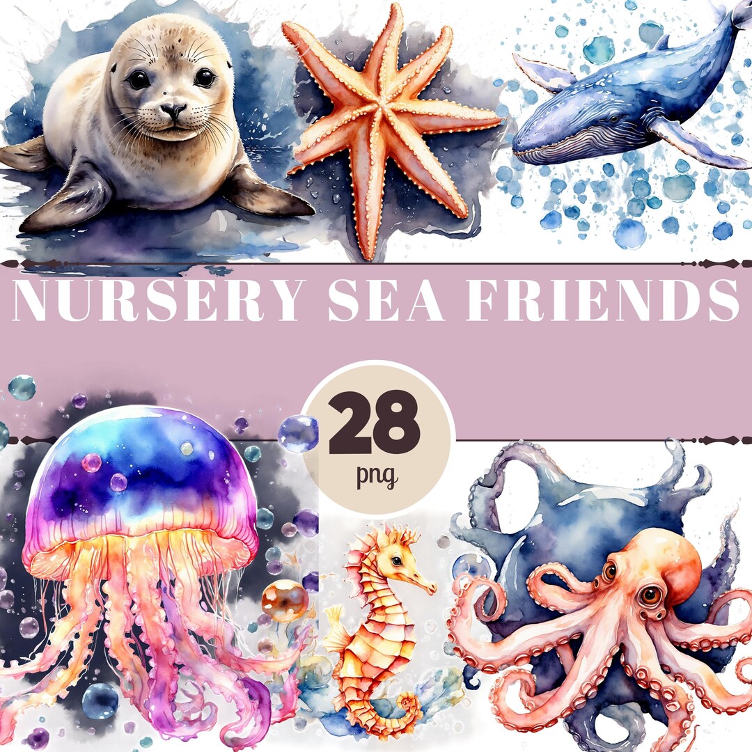 Watercolor Ocean Animals Clipart | Sea Friends PNG Set (28 Files) - Etsy