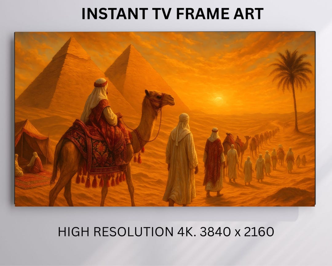 Egypt Pyramids Sunset TV Frame Art, Camel Desert Scene (digital ...