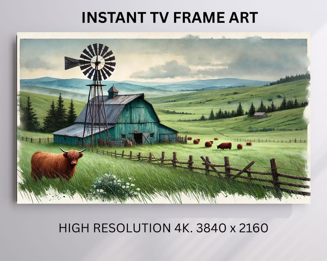 Rustic Barn & Windmill TV Frame Art – Vintage Farm Landscape Digital ...