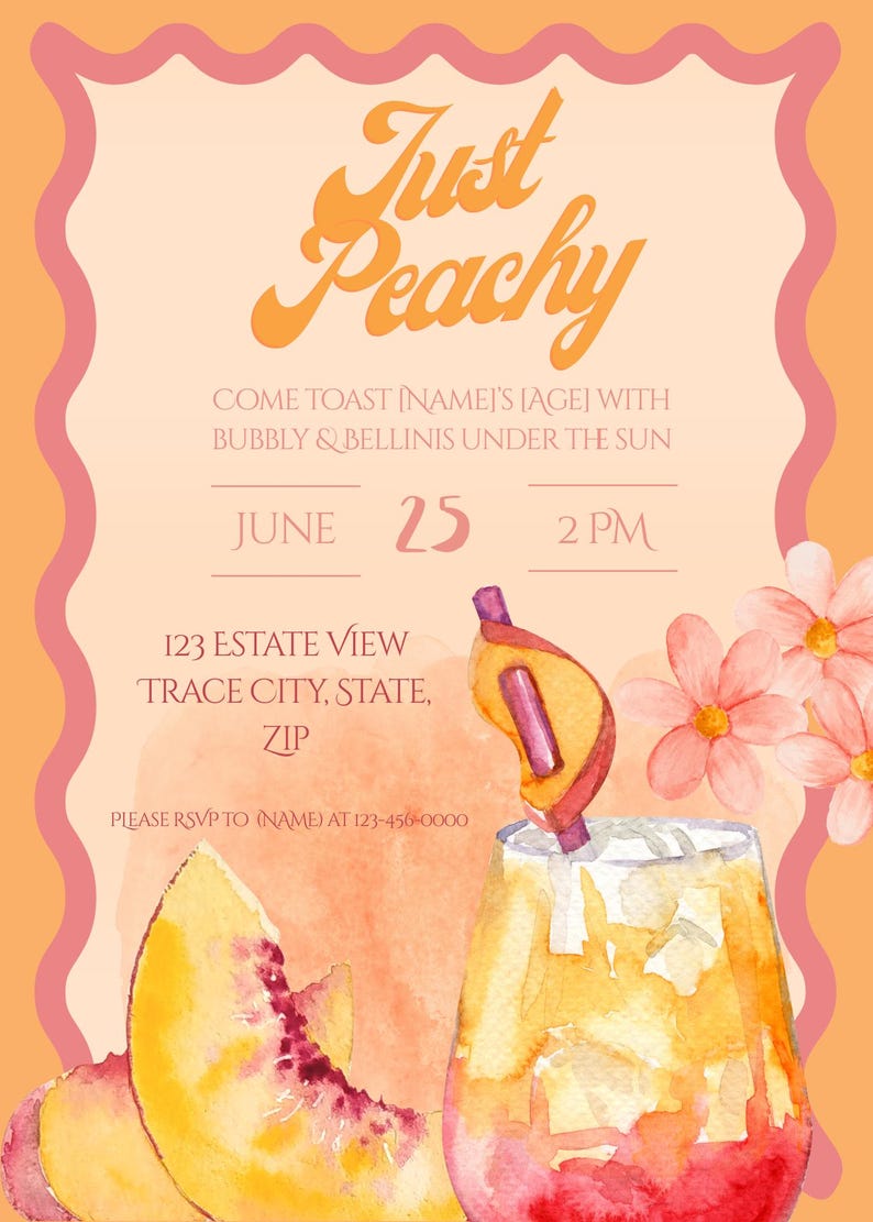 Editable Just Peachy Birthday Invitation Brunch Party Invite Peach ...