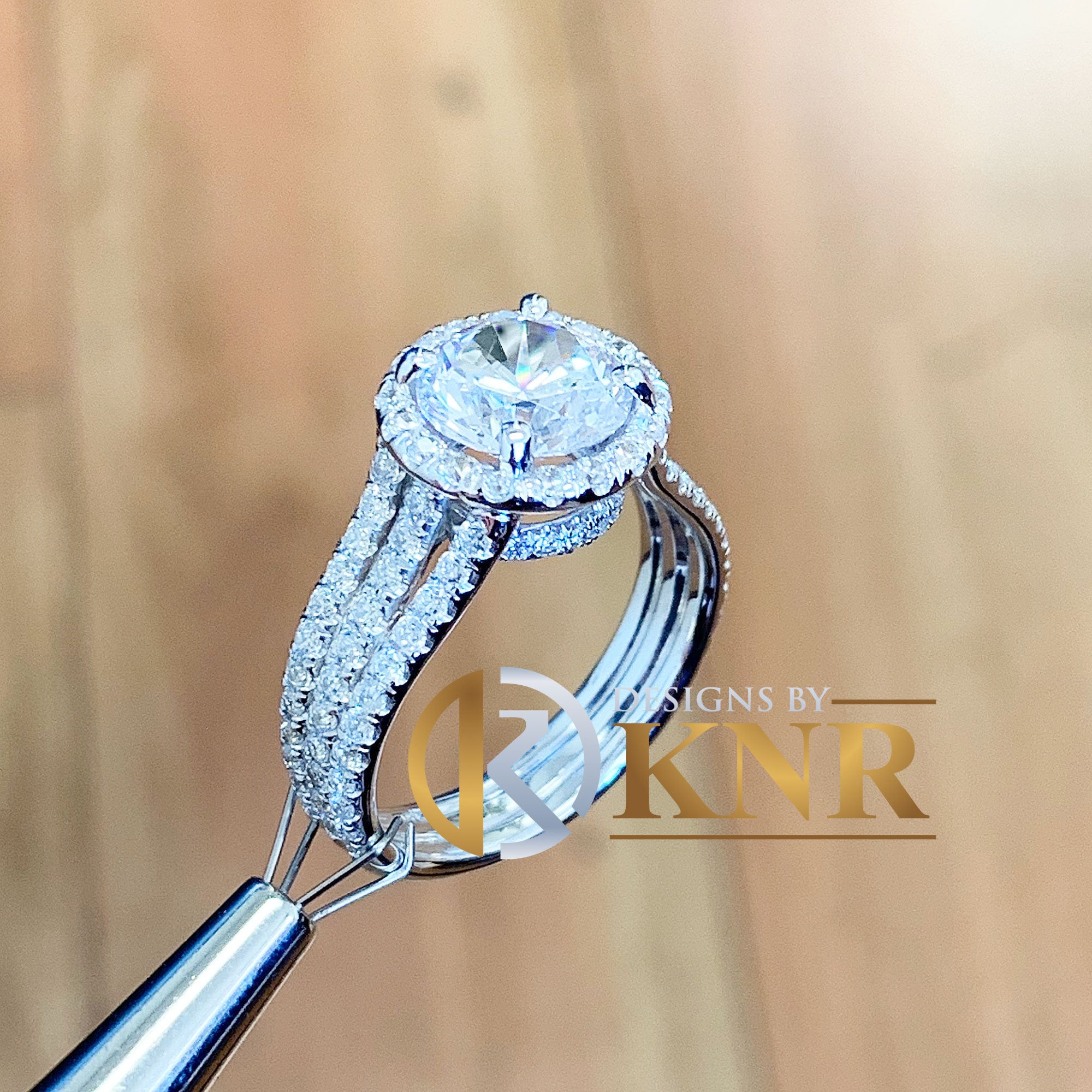Triple shank style 14k White Gold Round Cut Moissanite and | Etsy