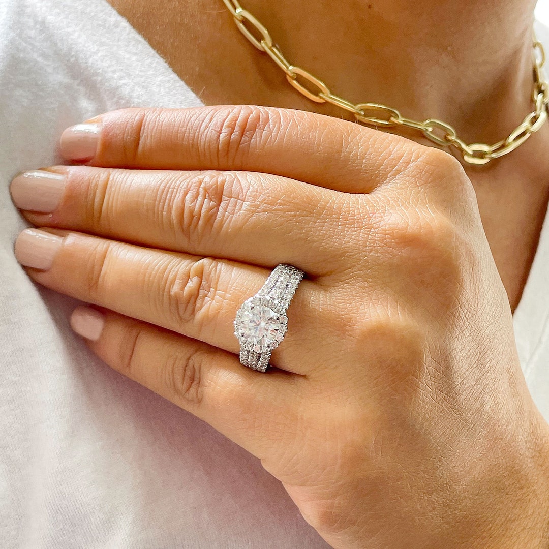 IGI Certified Triple Shank Style Round Cut Diamond Engagement Ring Halo ...