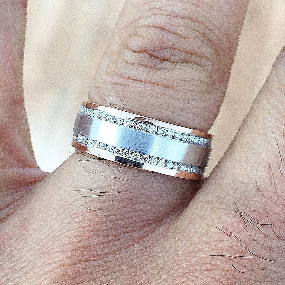 Round Cut Cvd Diamond Mens Band 7.50mm Width Brushed Polished Wedding Channel Set Eternity Style ...