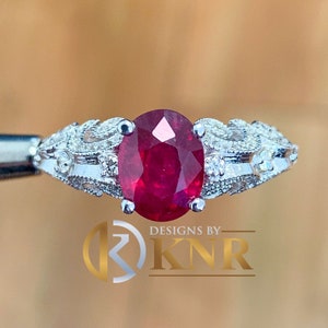 14k Solid White Gold Oval Ruby and Round Cut Diamonds Engagement Ring ...