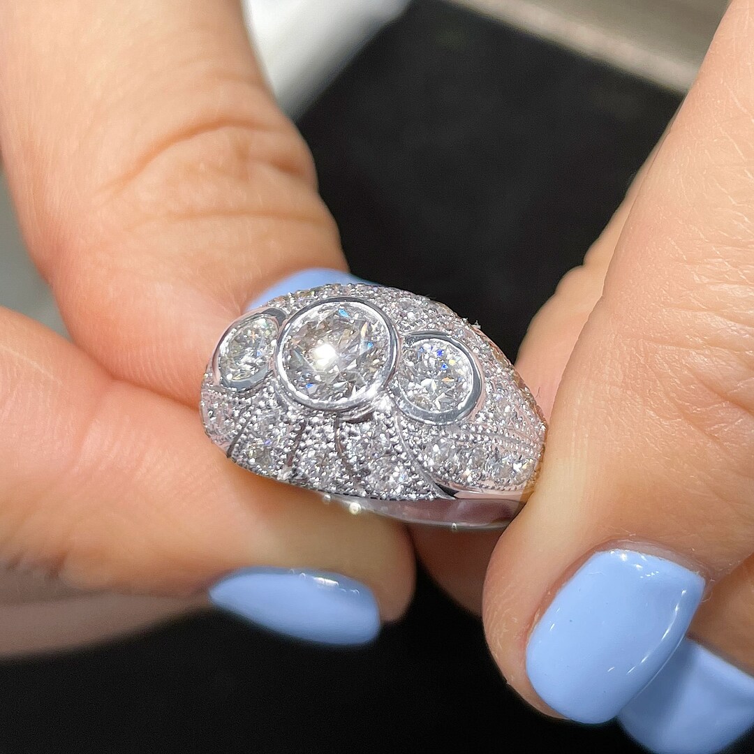 Round Cut Moissanite Engagement Ring Three Stone Style Bezel Set in 14K ...