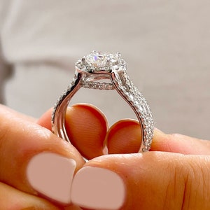 Triple Shank Style 14k White Gold Round Cut Moissanite and Natural ...