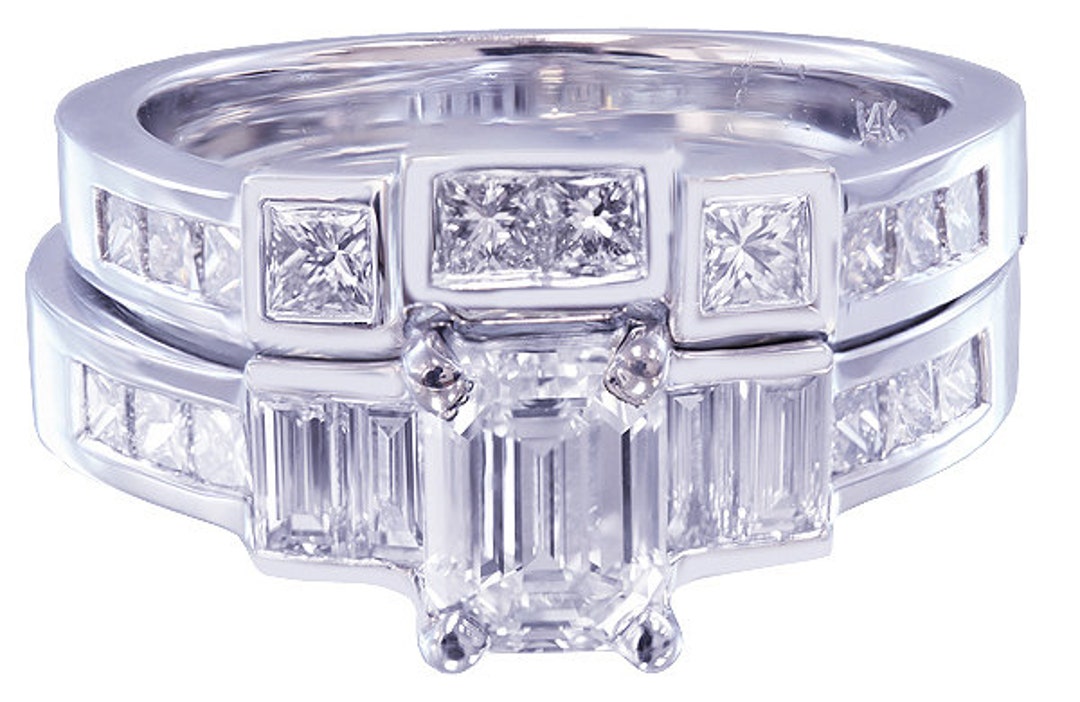 14k White Gold Emerald Cut Diamond Engagement Ring and Band 2.30ct I ...