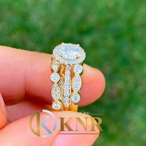 14k Solid Yellow Gold Round Cut Moissanite and Natural Diamond ...